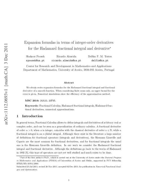 (PDF) Expansion formulas in terms of integer-order derivatives for the ...