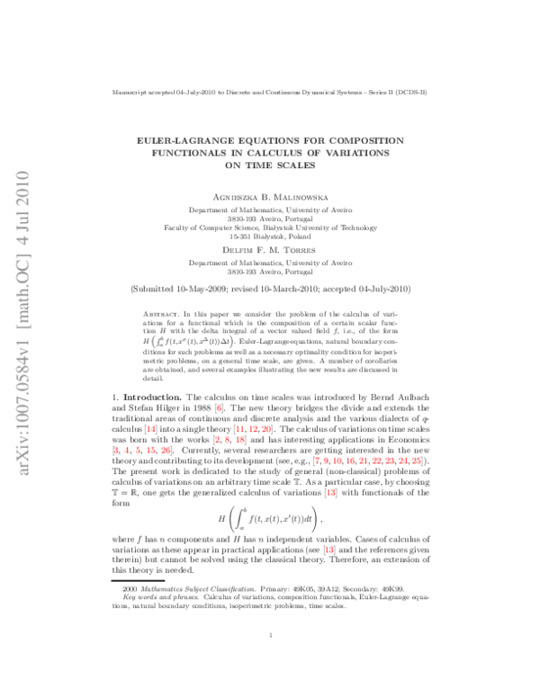 Pdf Euler Lagrange Equations For Composition Functionals In Calculus