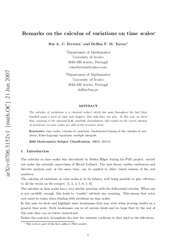 Pdf Remarks On The Calculus Of Variations On Time Scales