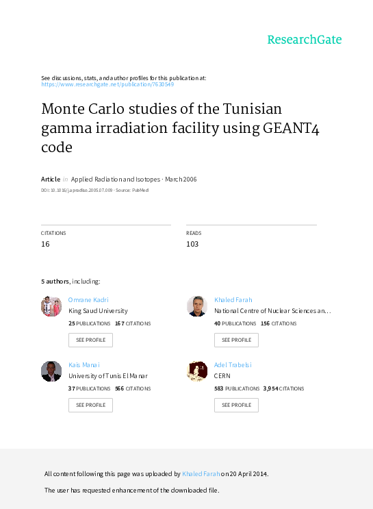 (PDF) Monte Carlo studies of the Tunisian gamma irradiation facility using GEANT4 code