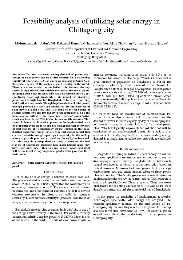 (PDF) Feasibility analysis of utilizing solar energy in Chittagong city.