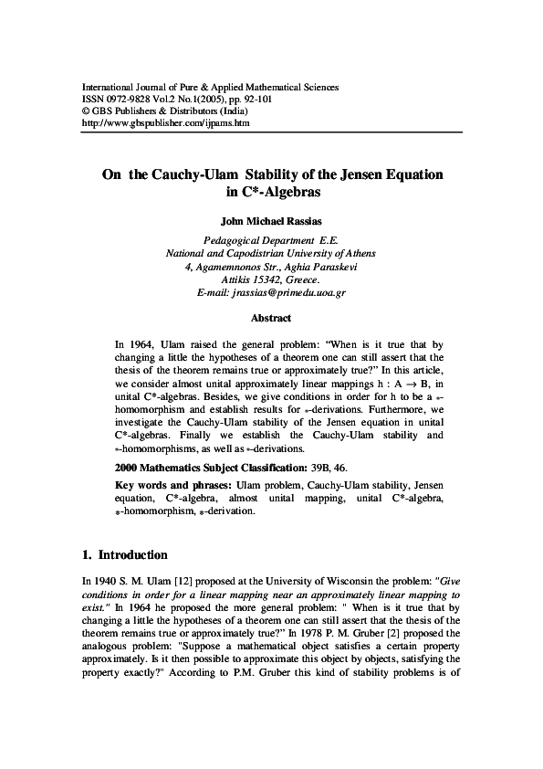 (PDF) On the Cauchy-Ulam Stability of the Jensen Equation in C*-Algebras