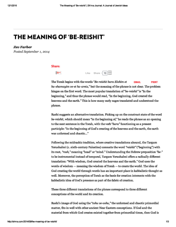 (PDF) The Meaning of 'Be-Reishit'