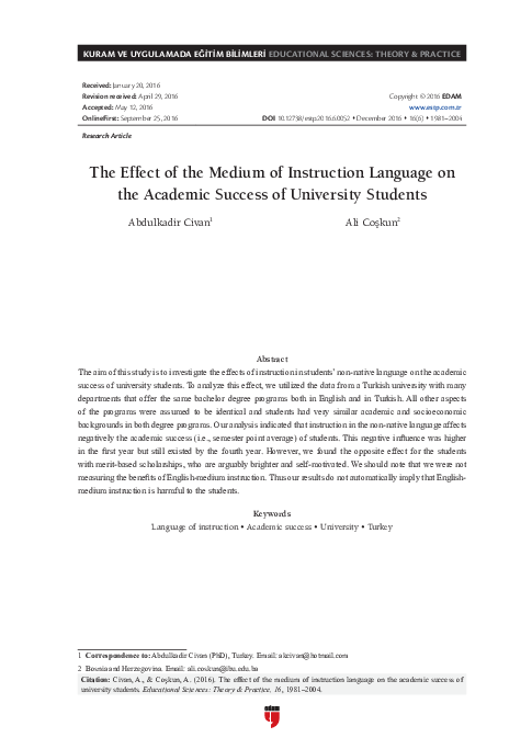 (PDF) The Effect of the Medium of Instruction Language on the Academic ...