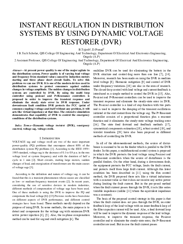 (PDF) INSTANT REGULATION IN DISTRIBUTION SYSTEMS BY USING DYNAMIC VOLTAGE RESTORER (DVR
