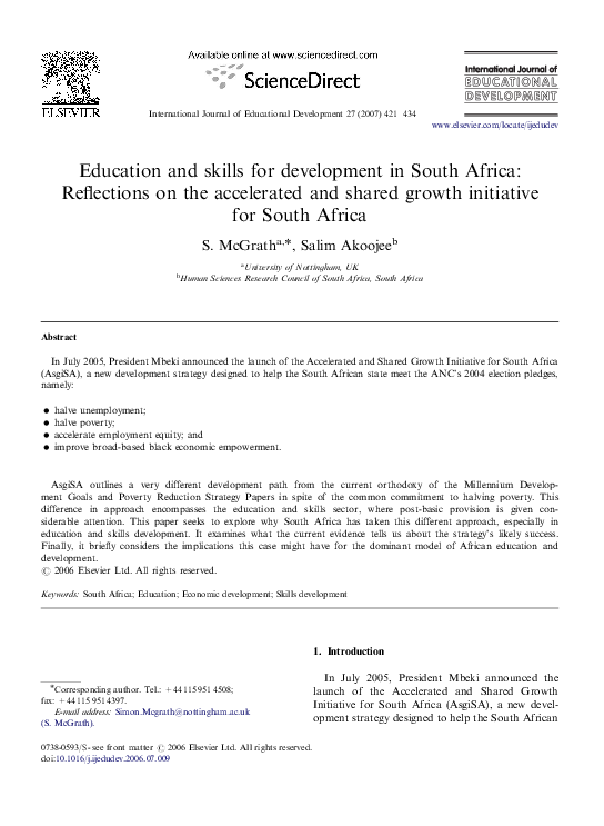 (PDF) Education and skills for development in South Africa: Reflections ...