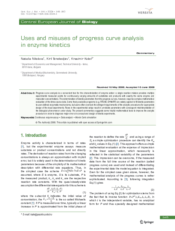 (PDF) Uses and misuses of progress curve analysis in enzyme kinetics