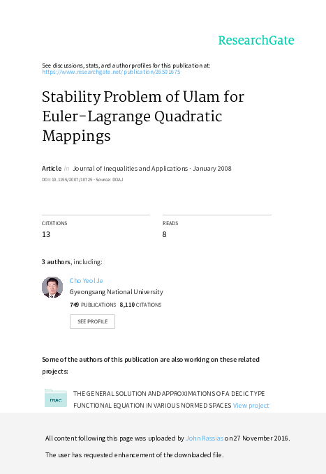 (PDF) Stability Problem of Ulam for Euler-Lagrange Quadratic Mappings ...
