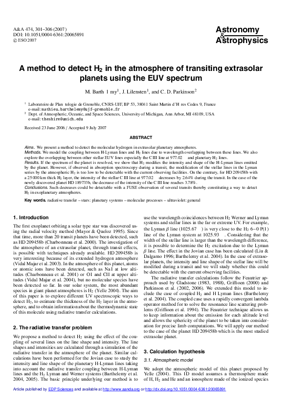 (PDF) A method to detect H 2 in the atmosphere of transiting extrasolar planets using the EUV ...