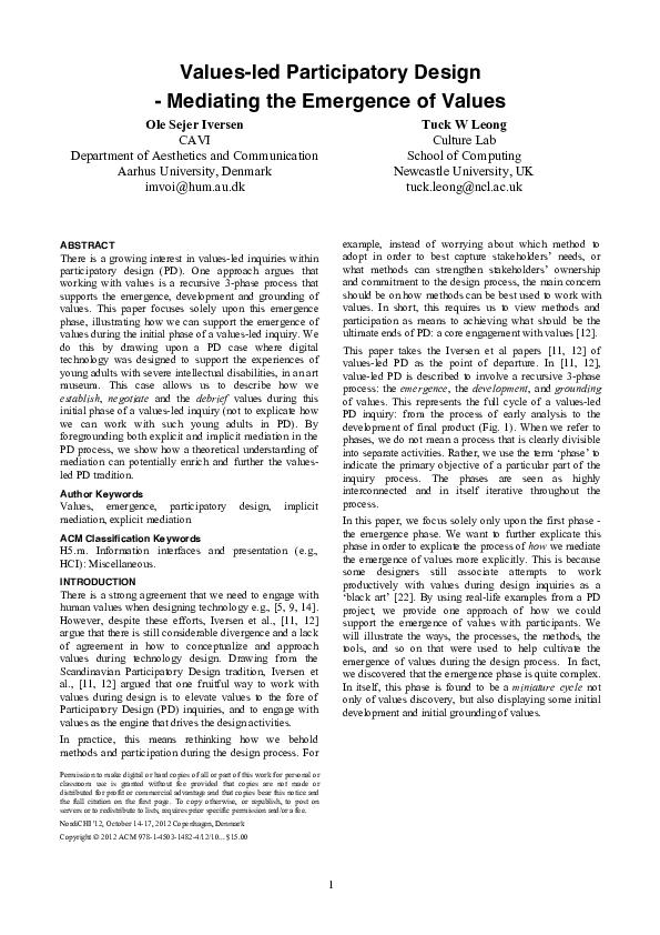 (PDF) Values-led Participatory Design-Mediating the Emergence of Values