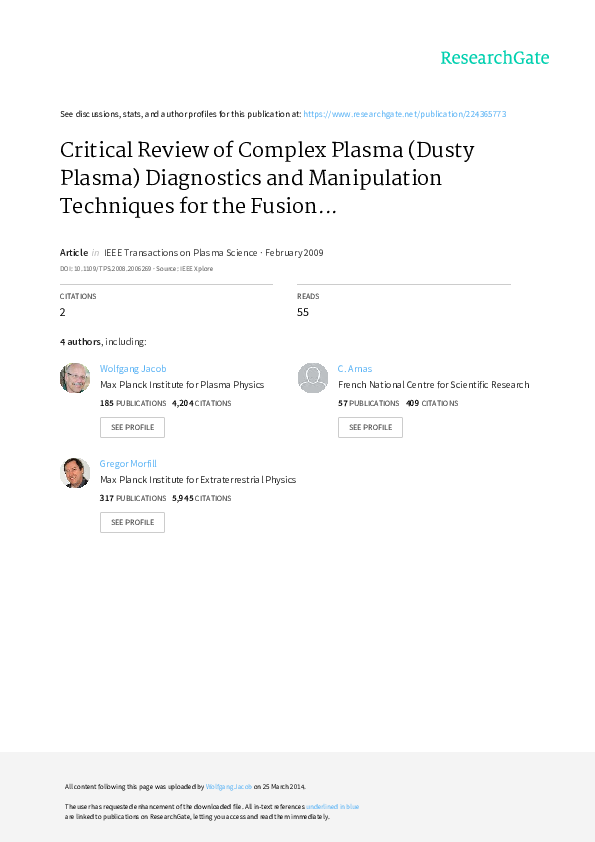 (PDF) Critical Review of Complex Plasma (Dusty Plasma) Diagnostics and ...
