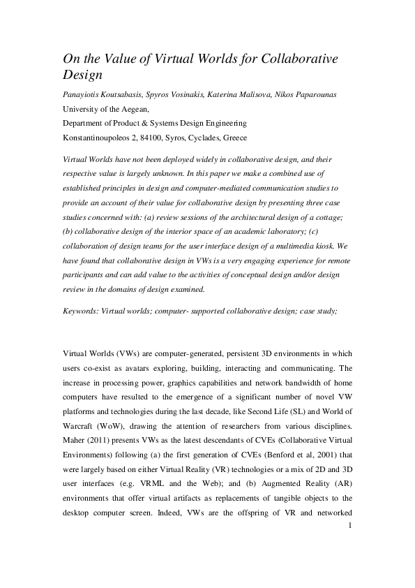 (PDF) On the value of Virtual Worlds for collaborative design