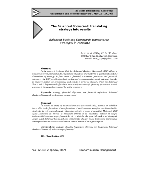 (PDF) The Balanced Scorecard: Translating Strategy into Action