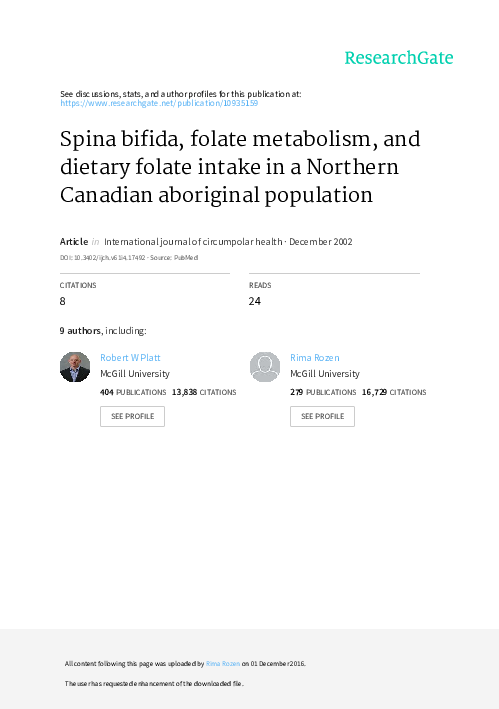 (PDF) Spina Bifida, folate metabolism, and dietary folate intake in a ...
