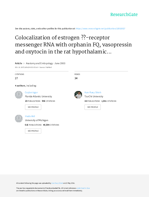 (PDF) Colocalization of estrogen beta-receptor messenger RNA with ...