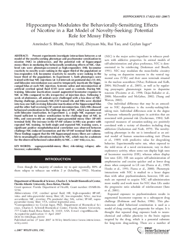 (PDF) Hippocampus modulates the behaviorally-sensitizing effects of ...