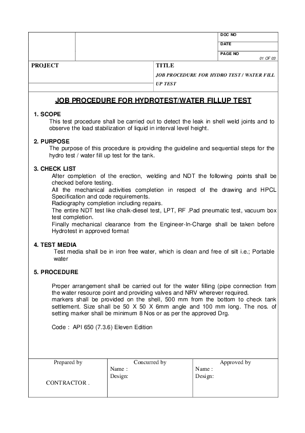 (PDF) PROJECT TITLE JOB PROCEDURE FOR HYDRO TEST / WATER FILL UP TEST ...