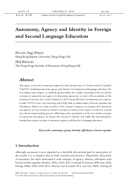 (PDF) Autonomy, Agency and Identity in Foreign and Second Language ...