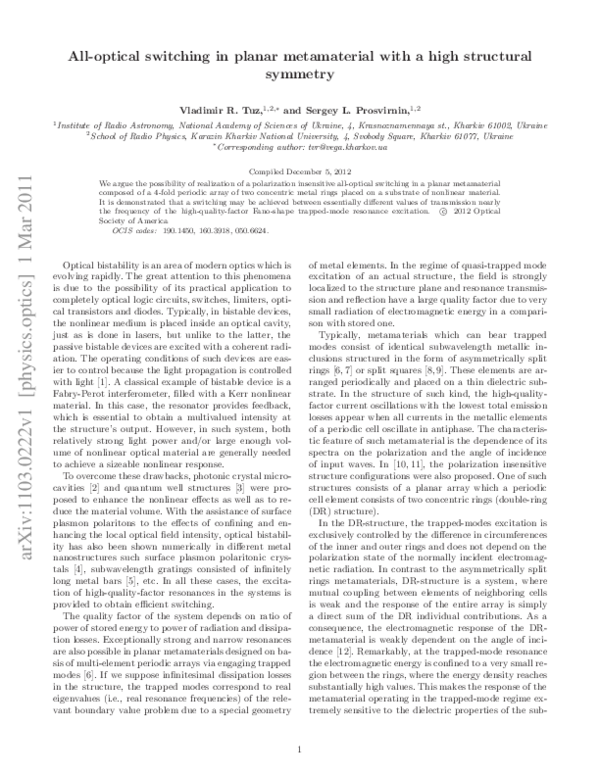 (PDF) All-optical switching in planar metamaterial with a high structural symmetry