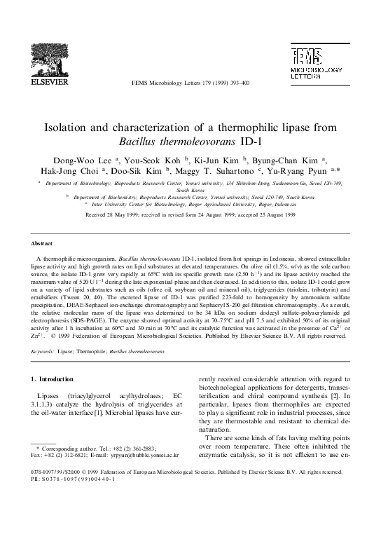 (PDF) Isolation and characterization of a thermophilic lipase from Bacillus thermoleovorans ID1