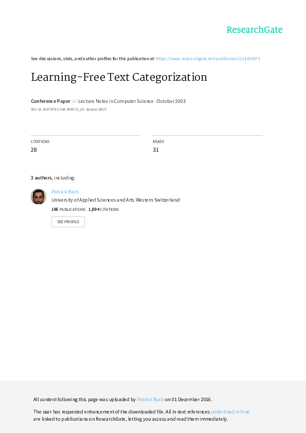 (PDF) Learning-Free Text Categorization | Patrick Ruch - Academia.edu