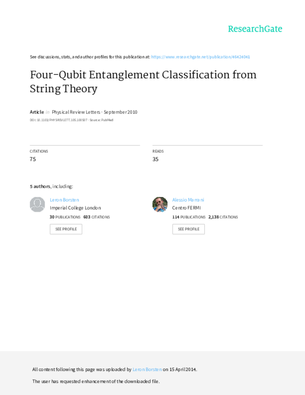 Pdf Four Qubit Entanglement Classification From String Theory