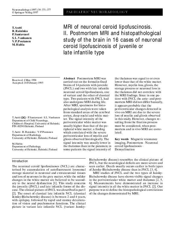 (PDF) MRI of neuronal ceroid lipofuscinosis. II. Postmortem MRI and ...