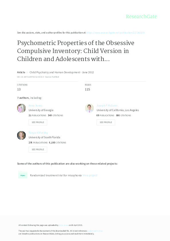 (PDF) Psychometric properties of the Obsessive Compulsive Inventory ...