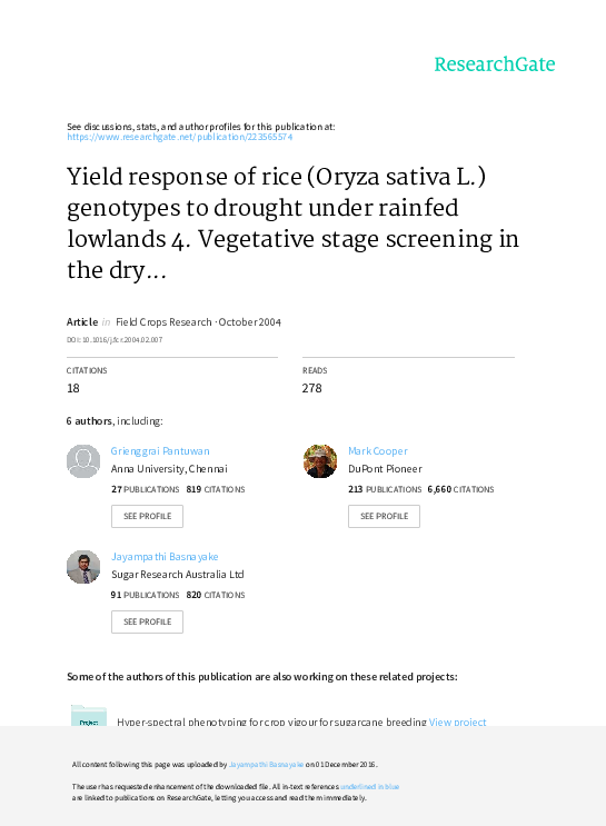 (PDF) Yield response of rice ( Oryza sativa L.) genotypes to drought ...