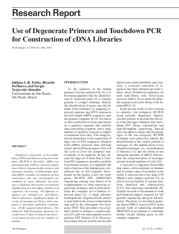 (PDF) Use of degenerate primers and touchdown PCR for construction of ...