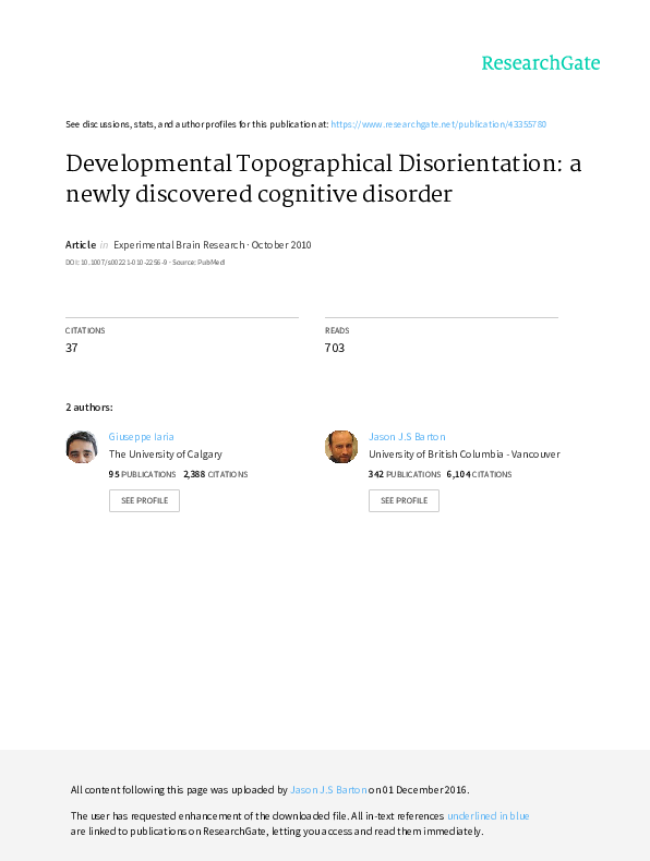 (PDF) Developmental topographical disorientation: a newly discovered ...