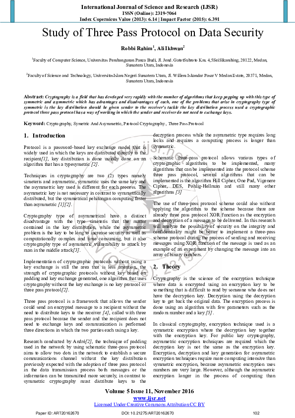 (PDF) Study of Three Pass Protocol on Data Security