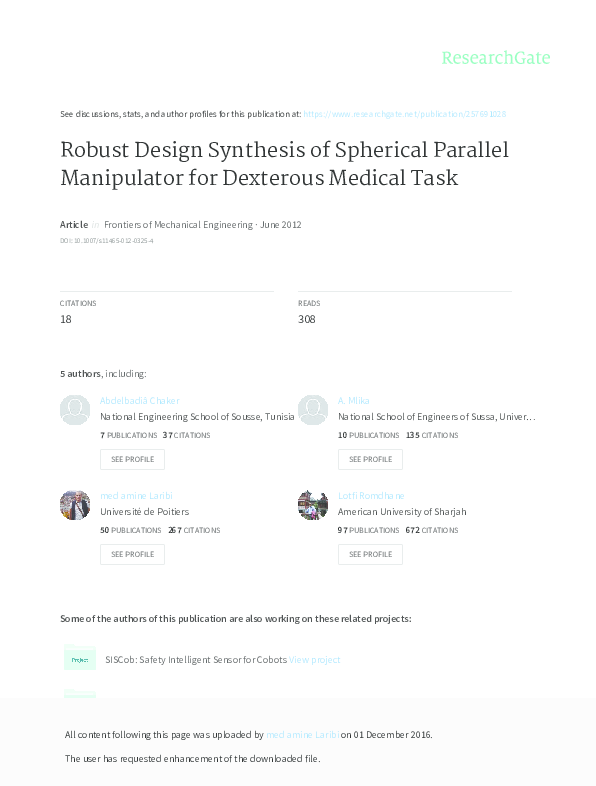 (PDF) Synthesis of spherical parallel manipulator for dexterous medical ...