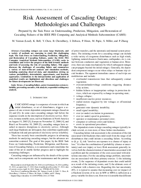 (PDF) Risk Assessment of Cascading Outages: Methodologies and Challenges