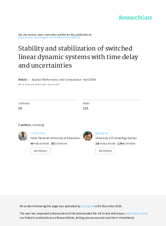 (PDF) Stability and stabilization of switched linear dynamic systems with time delay and ...