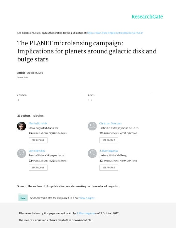 (PDF) The PLANET microlensing campaign: Implications for planets around galactic disk and bulge ...