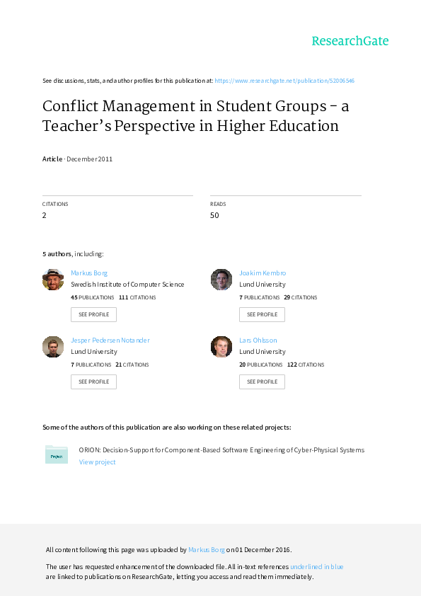 (PDF) Conflict Management in Student Groups - a Teacher's Perspective ...