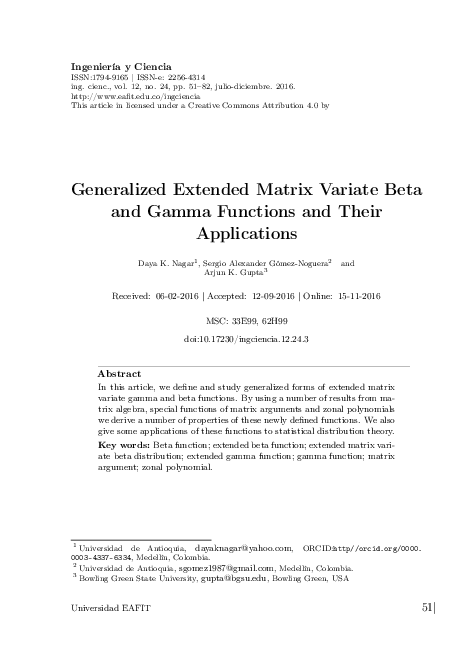 (PDF) Generalized Extended Matrix Variate Beta and Gamma Functions and Their Applications