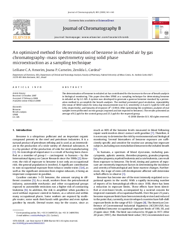 (PDF) An optimized method for determination of benzene in exhaled air by gas chromatography-mass ...