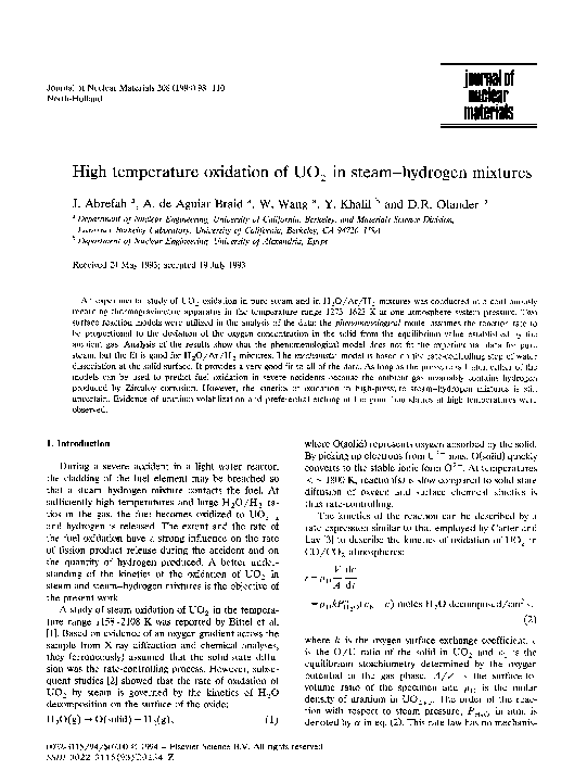 (PDF) High temperature oxidation of UO2 in steam-hydrogen mixtures
