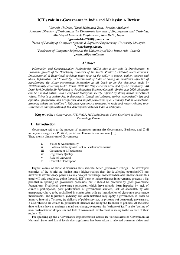 (PDF) ICT's role in e-Governance in India and Malaysia: A Review