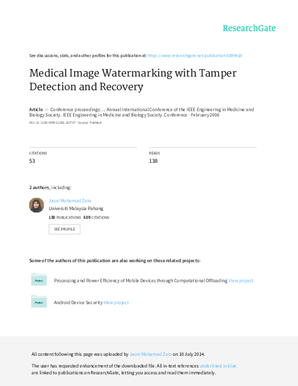 (PDF) Medical Image Watermarking with Tamper Detection and Recovery