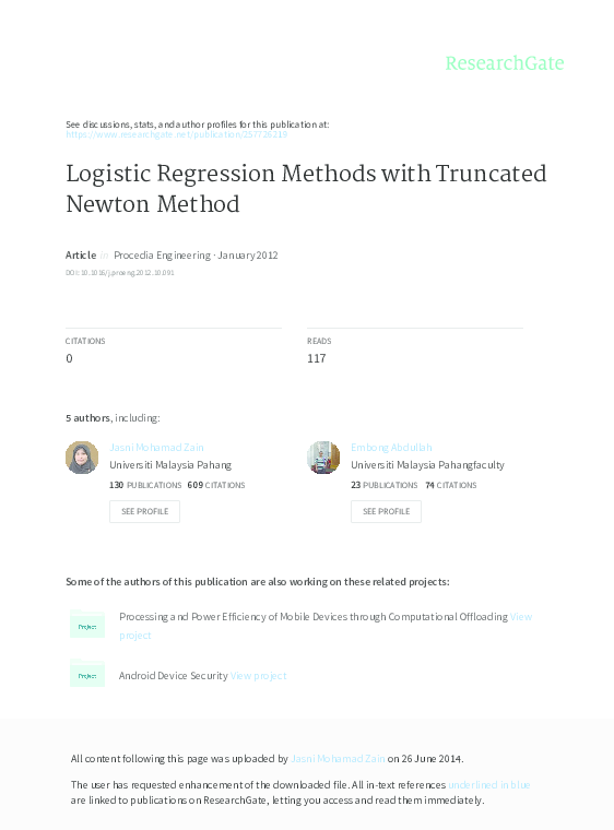 Pdf Logistic Regression Methods With Truncated Newton Method Jasni Mohamad Zain