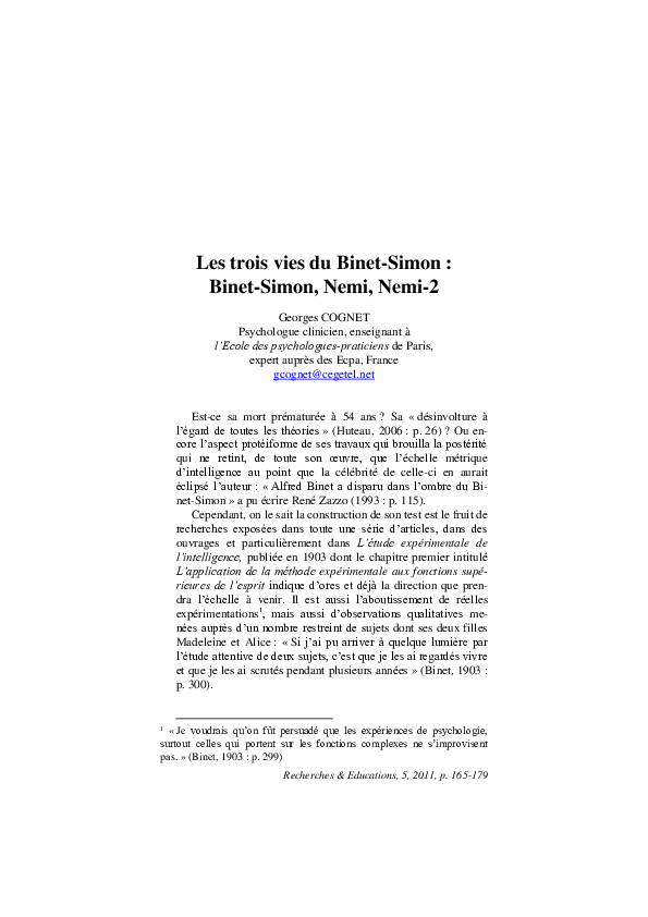 (PDF) Les trois vies du Binet-Simon : Binet-Simon, Nemi, Nemi-2