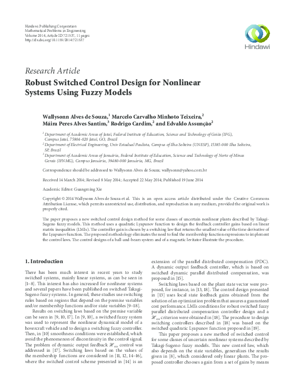 Pdf Robust Switched Control Design For Nonlinear Systems Using Fuzzy