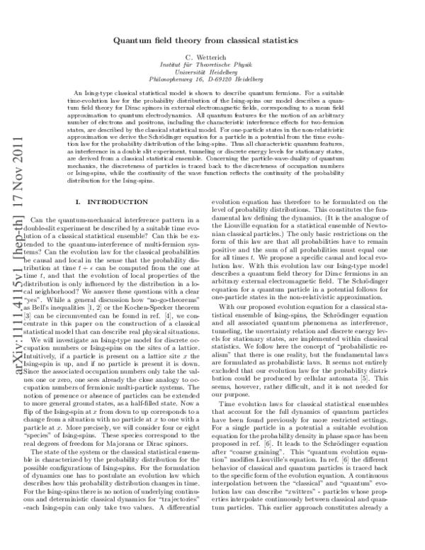 (PDF) Quantum field theory from classical statistics