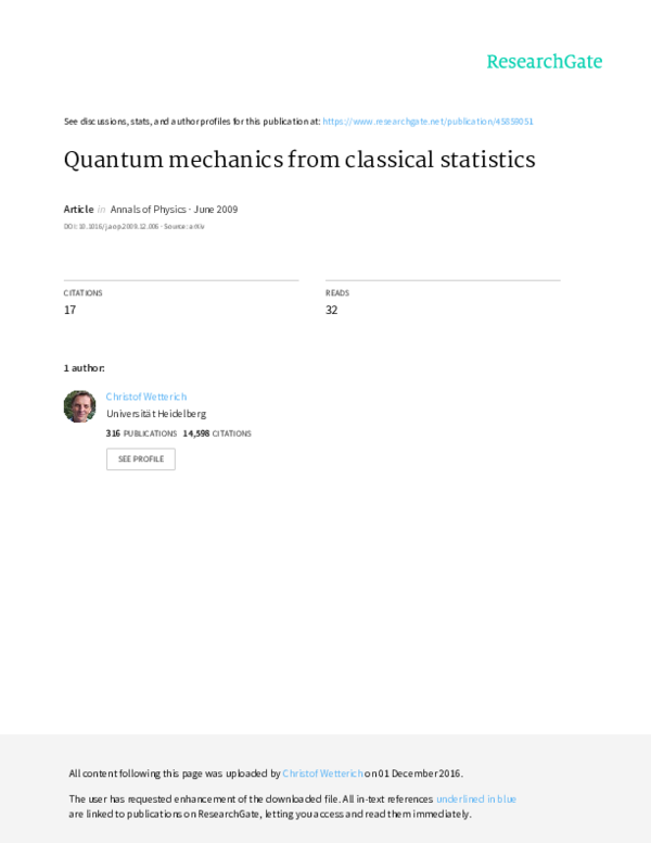 (PDF) Quantum mechanics from classical statistics