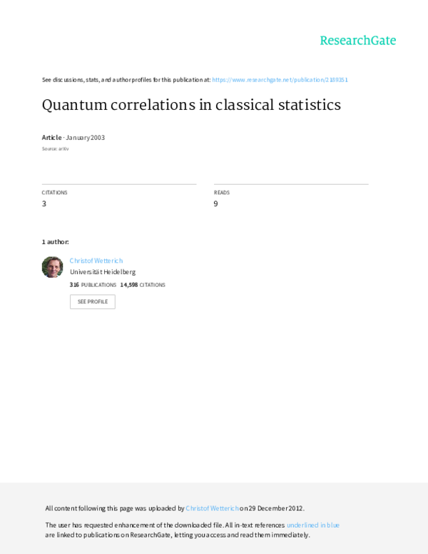 (PDF) Quantum Correlations in Classical Statistics