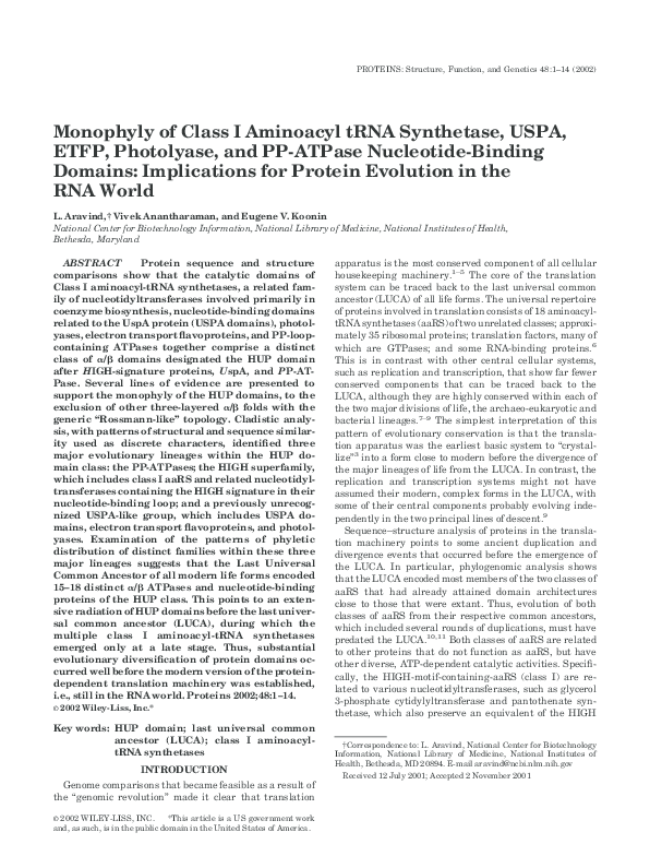 (PDF) Monophyly of HUP Domains and Protein Evolution Insights