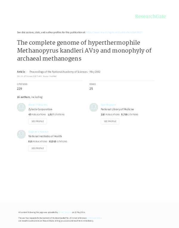(PDF) The complete genome of hyperthermophile Methanopyrus kandleri ...